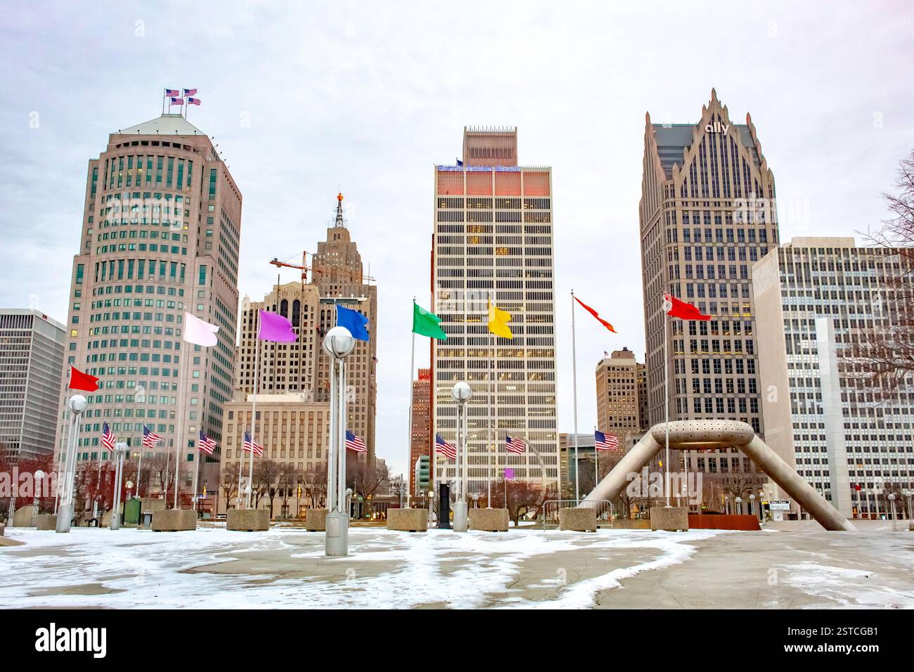 Downtown Detroit Michigan buildings skyline. Photo taken on a cloudy ...