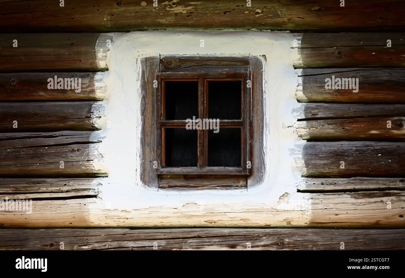 Wooden vintage window in old brown country log house Stock Photo - Alamy