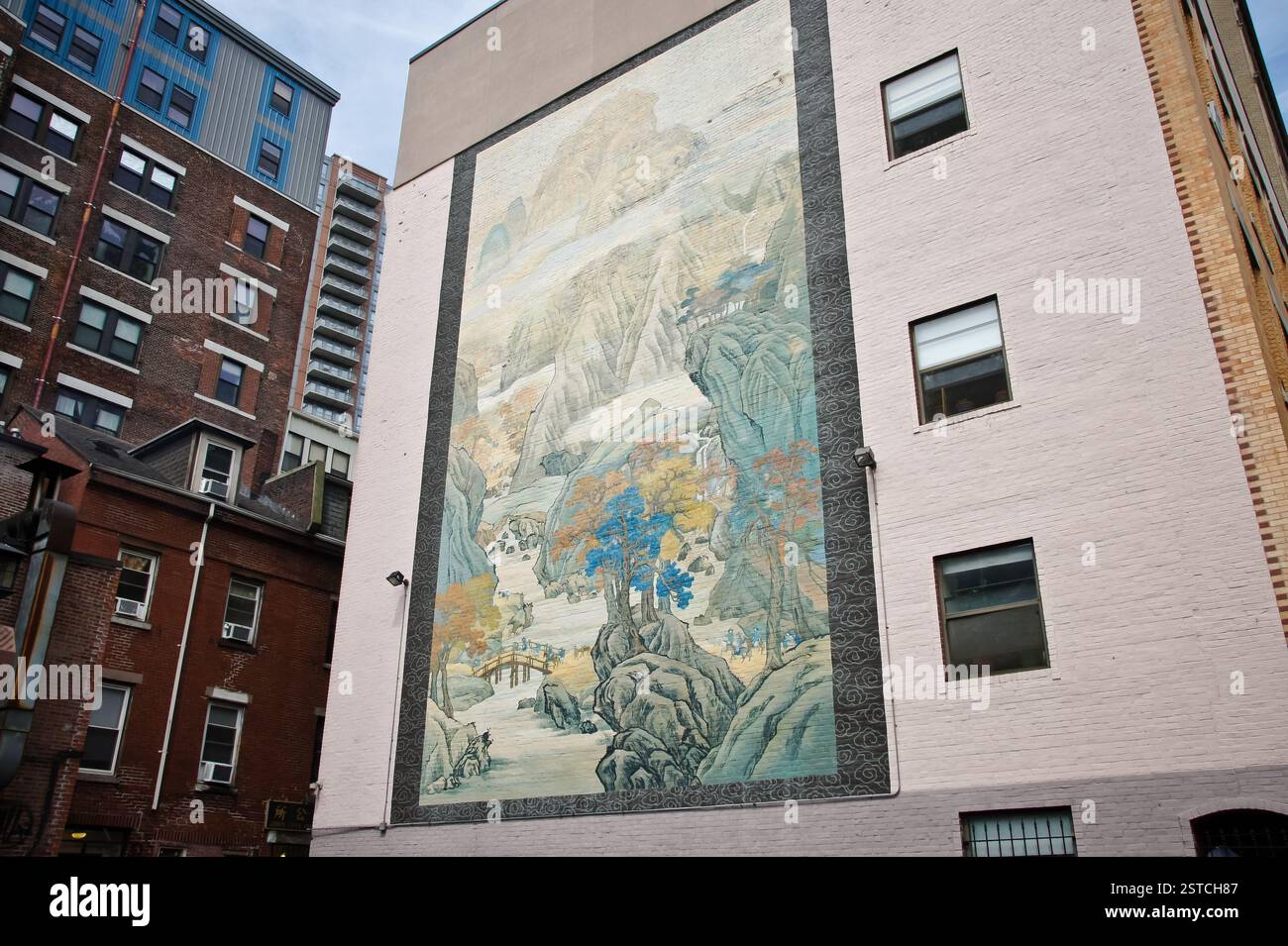 Boston: A large mural depicting a Chinese landscape. Green mountains ...
