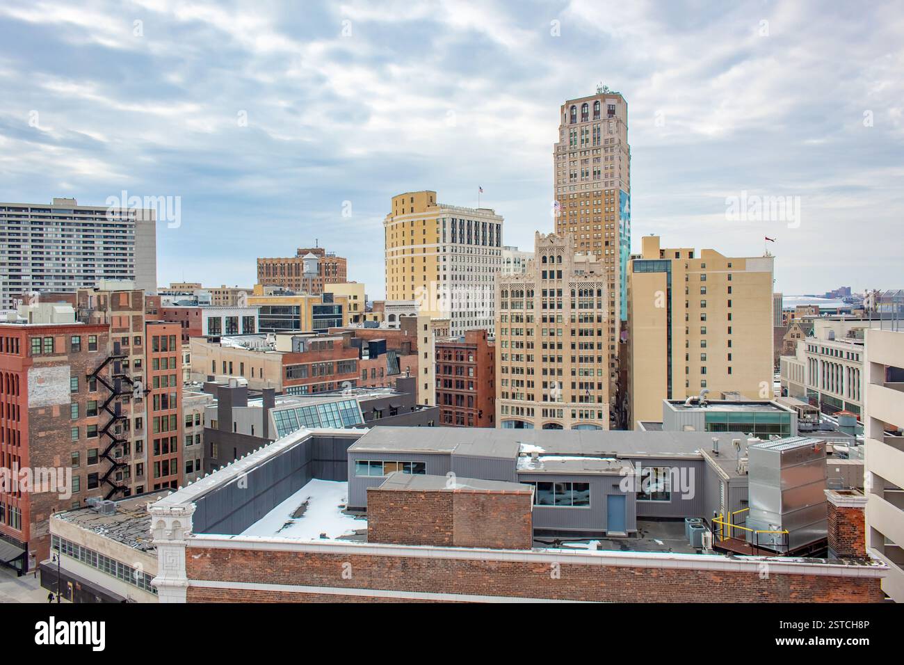 Downtown Detroit Michigan buildings skyline. Photo taken on a cloudy ...