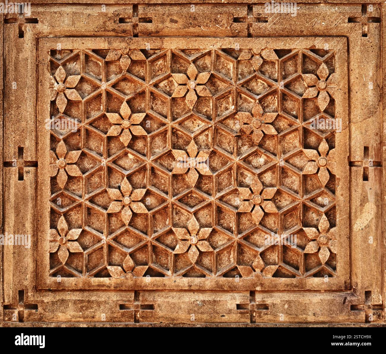 Floral ornament on orange limestone stone wall in Jaisalmer, Rajasthan ...