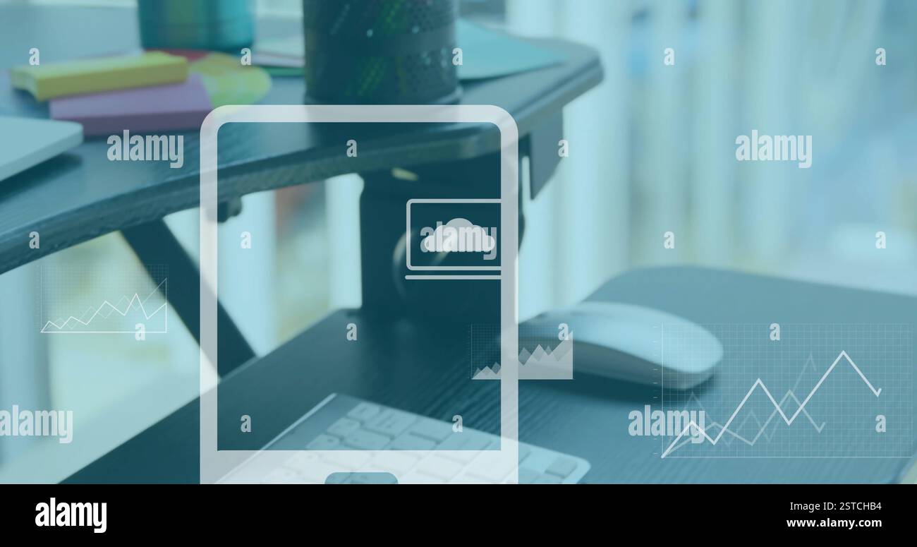 Image of icons and data processing over desk in office Stock Photo - Alamy