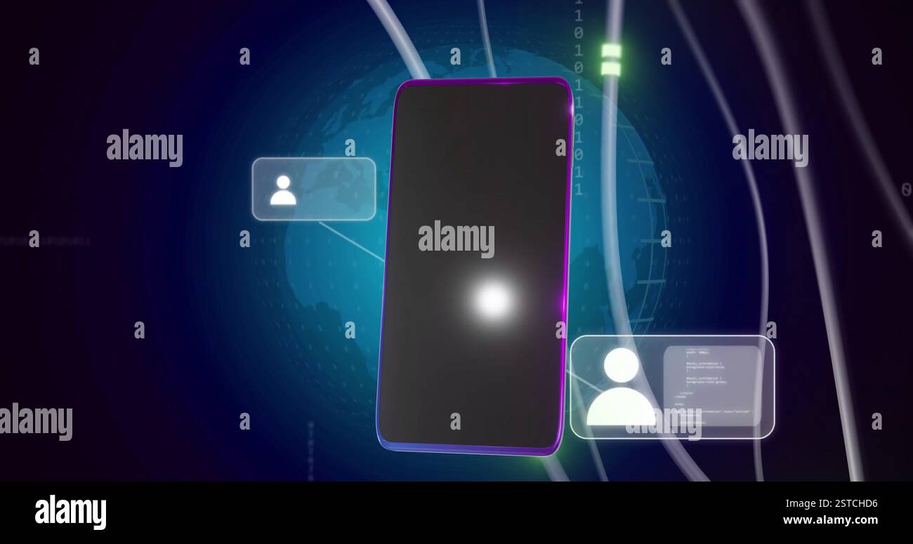 Smartphone with binary code and user icons, digital communication image ...