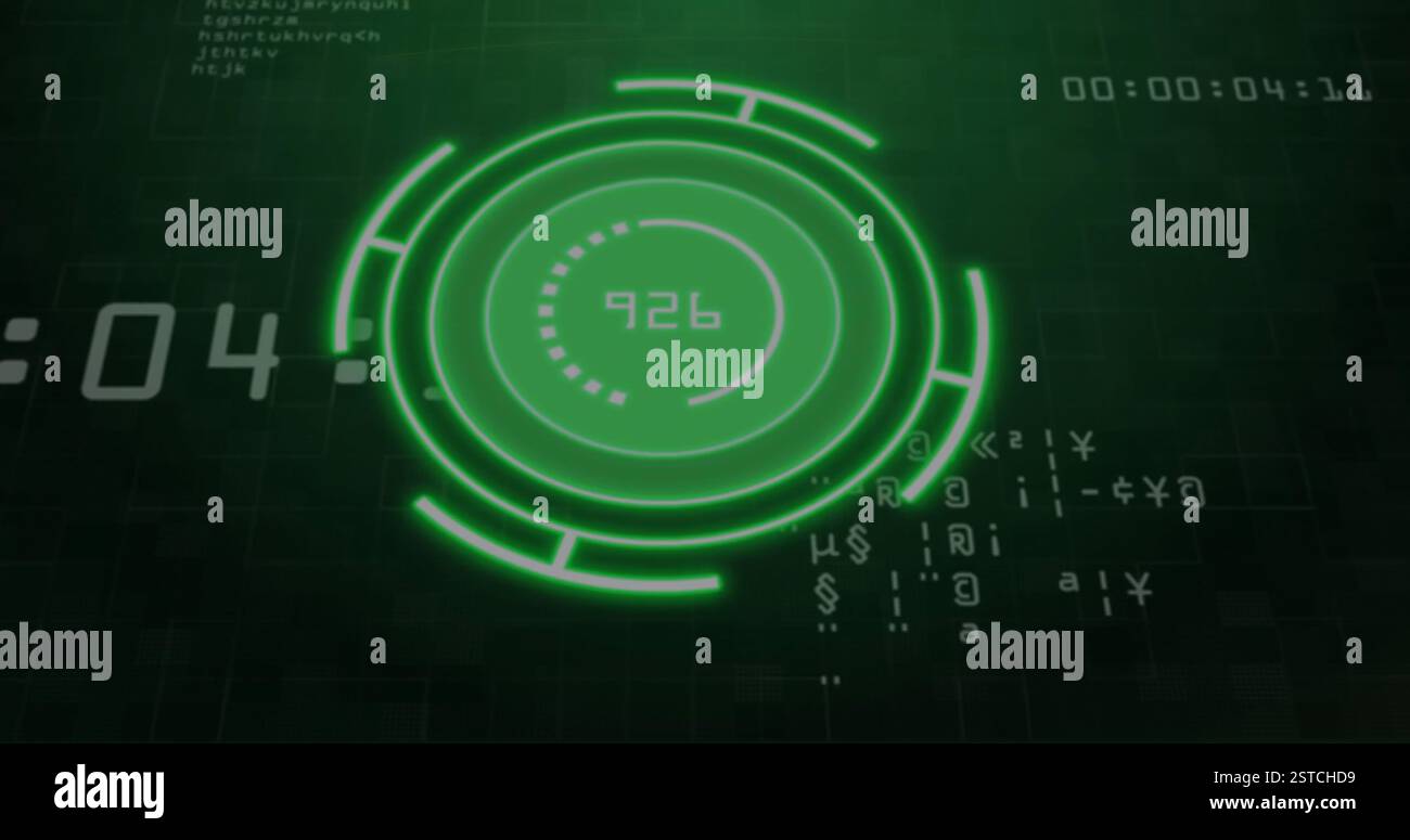 Green circular digital interface with numbers and symbols over data processing image Stock Photo ...