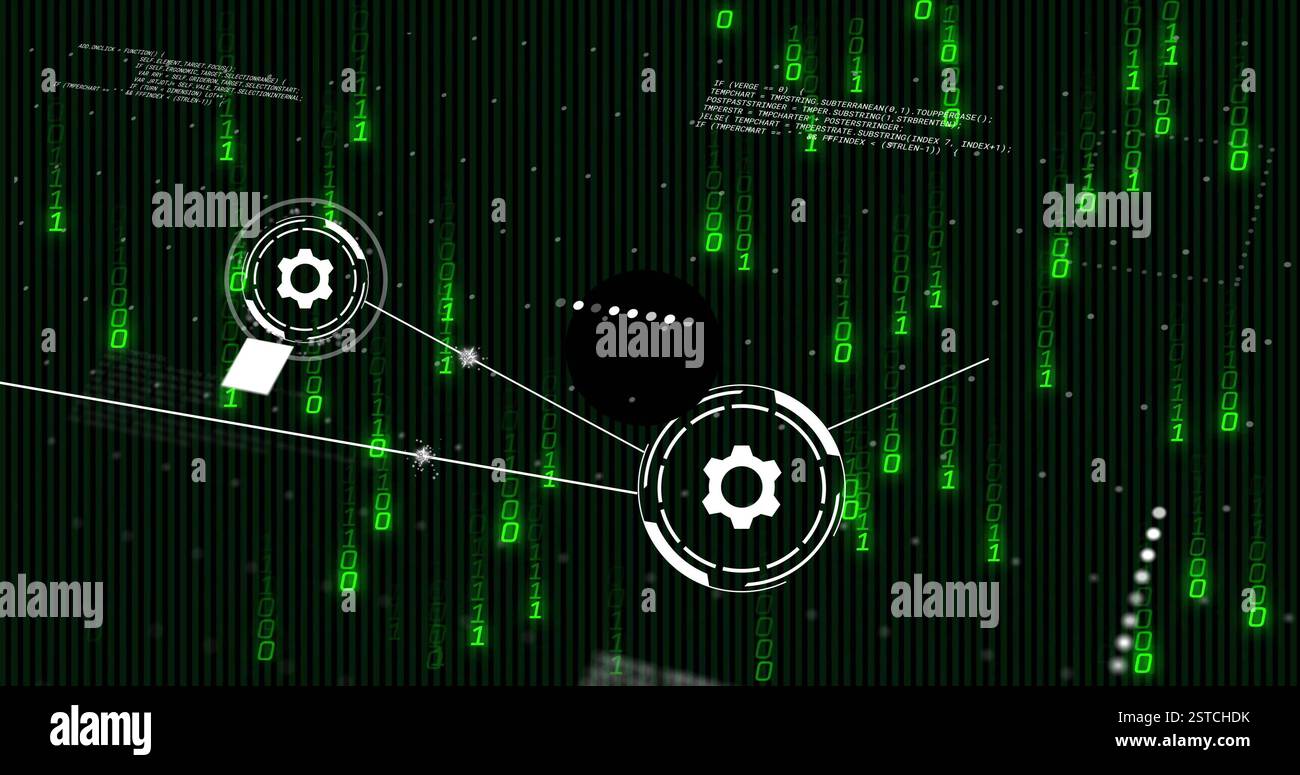 Binary code and gears image over green digital matrix background Stock Photo - Alamy
