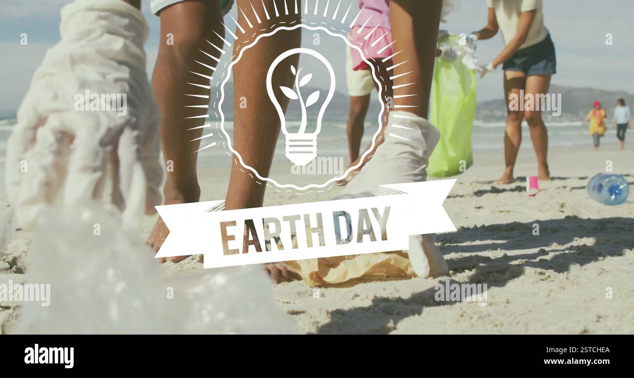 Cleaning beach, people collecting trash, Earth Day image over scene ...