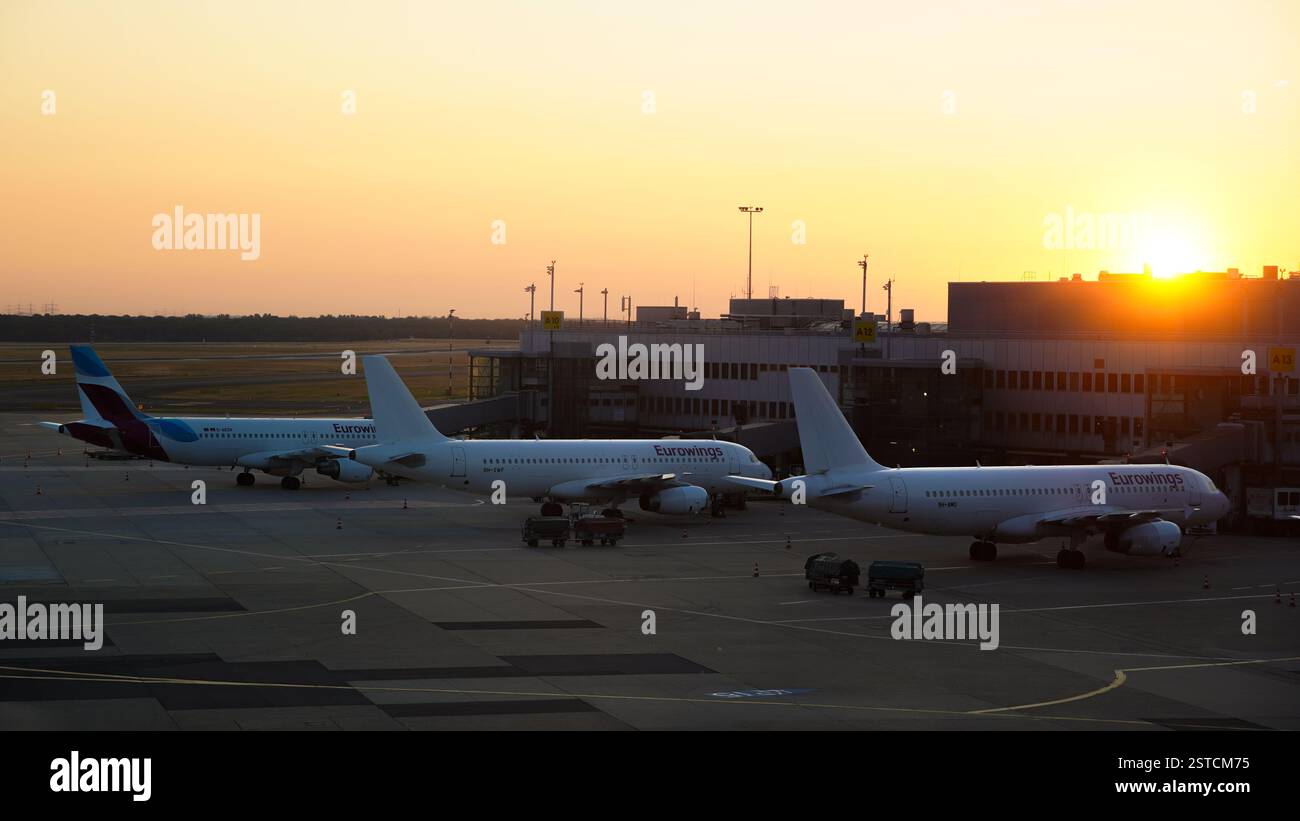 3 Eurowings Airbus A330 aircrafts with baggage transport trailers at ...