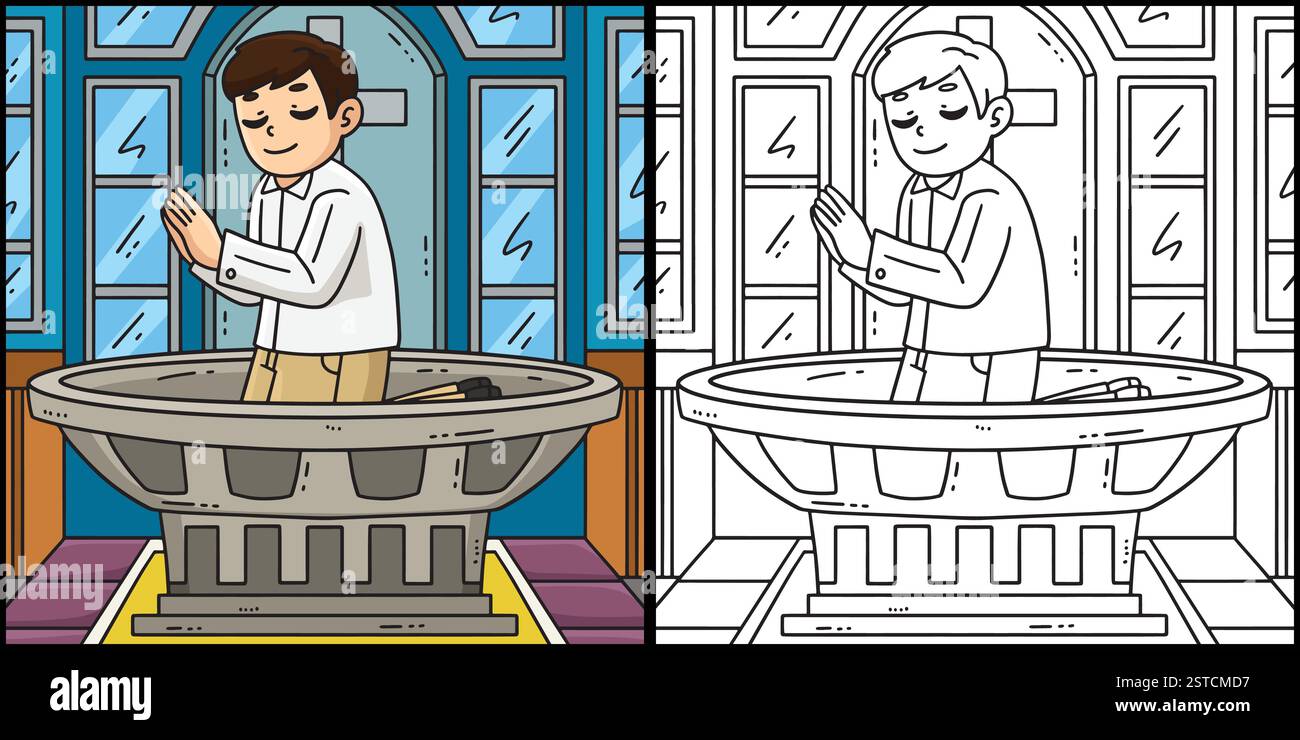 Baptism Font Child Praying Coloring Illustration Stock Vector Image ...