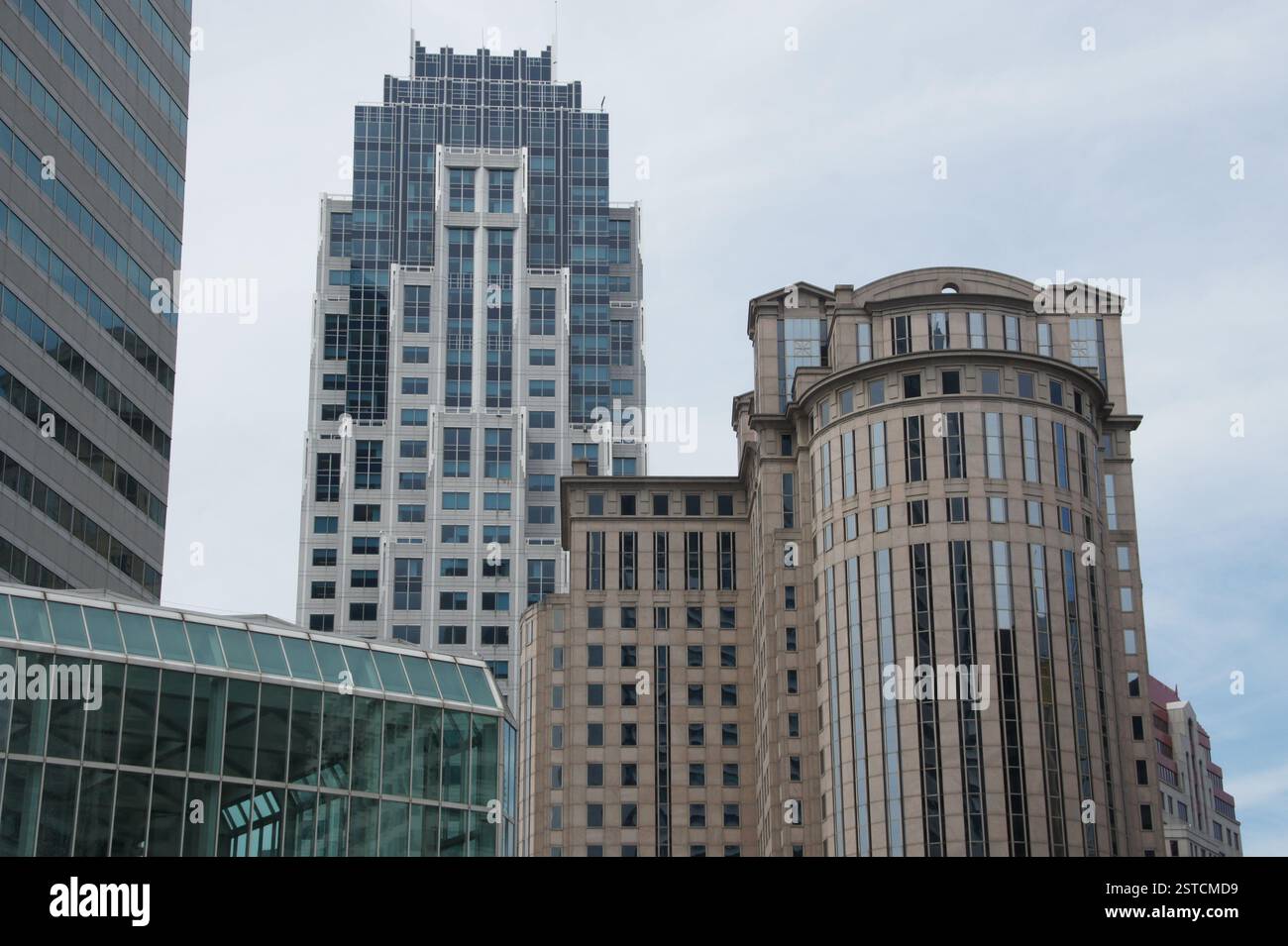 Boston skyline. Skyscrapers with architectural styles. Glass and steel ...