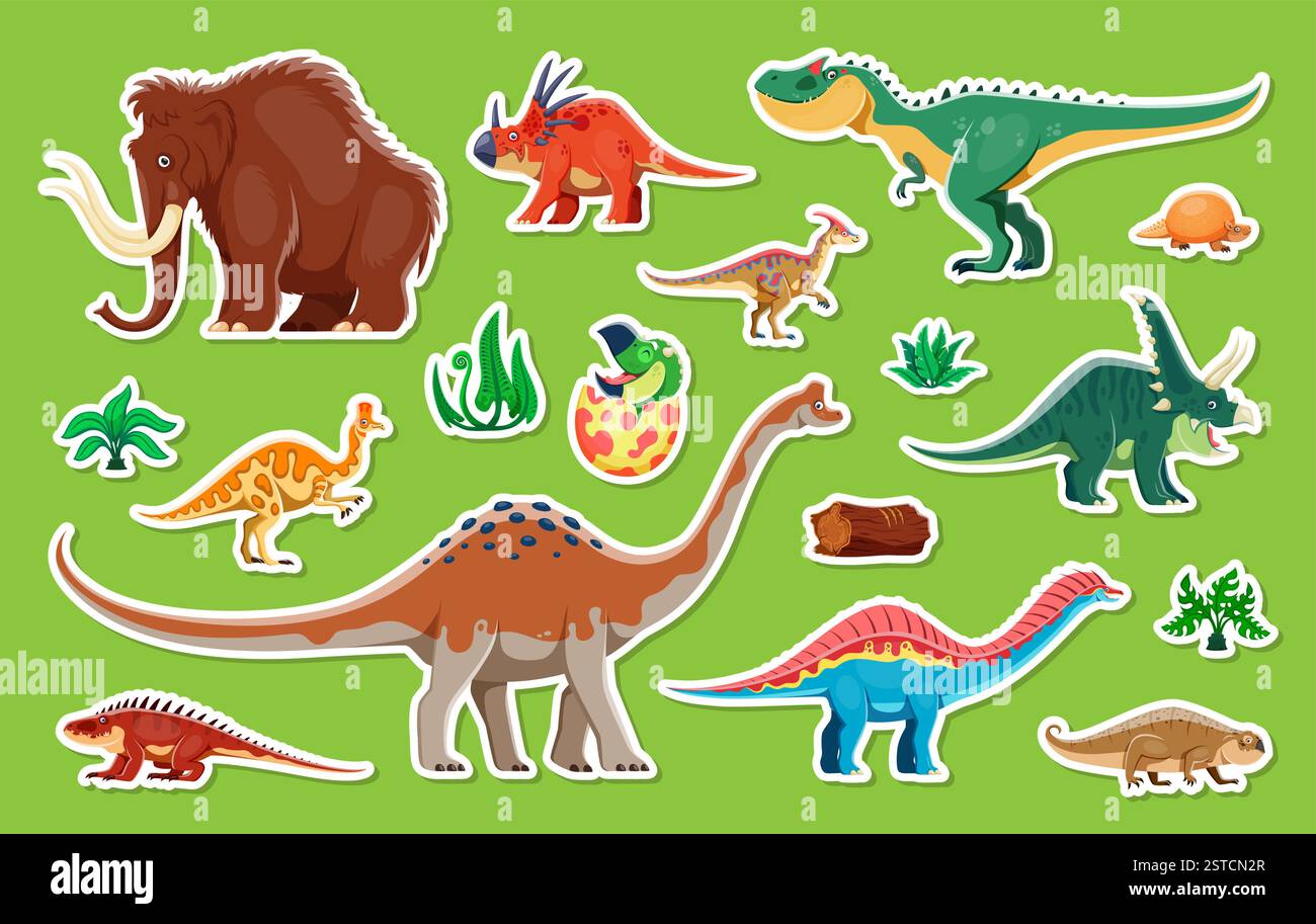 Dinosaur characters stickers and cartoon prehistoric lizards of ...