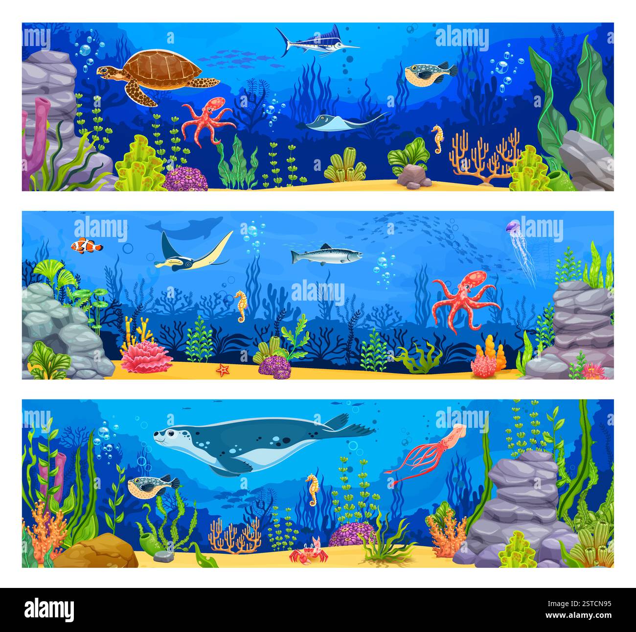 Underwater landscape banners with sea animals and fishes, vector ...