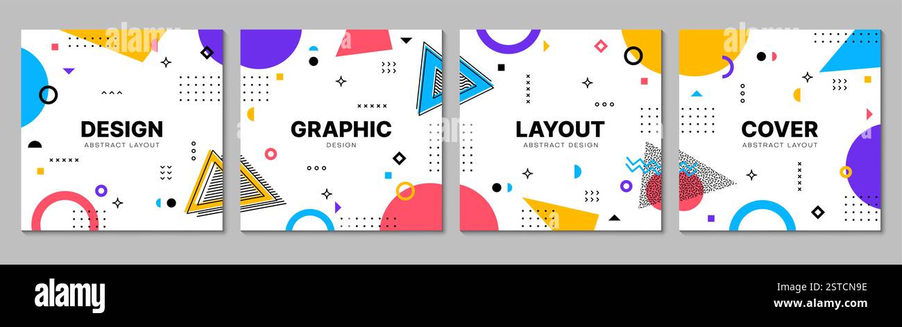 Square banners with abstract Memphis geometric pattern, vector ...