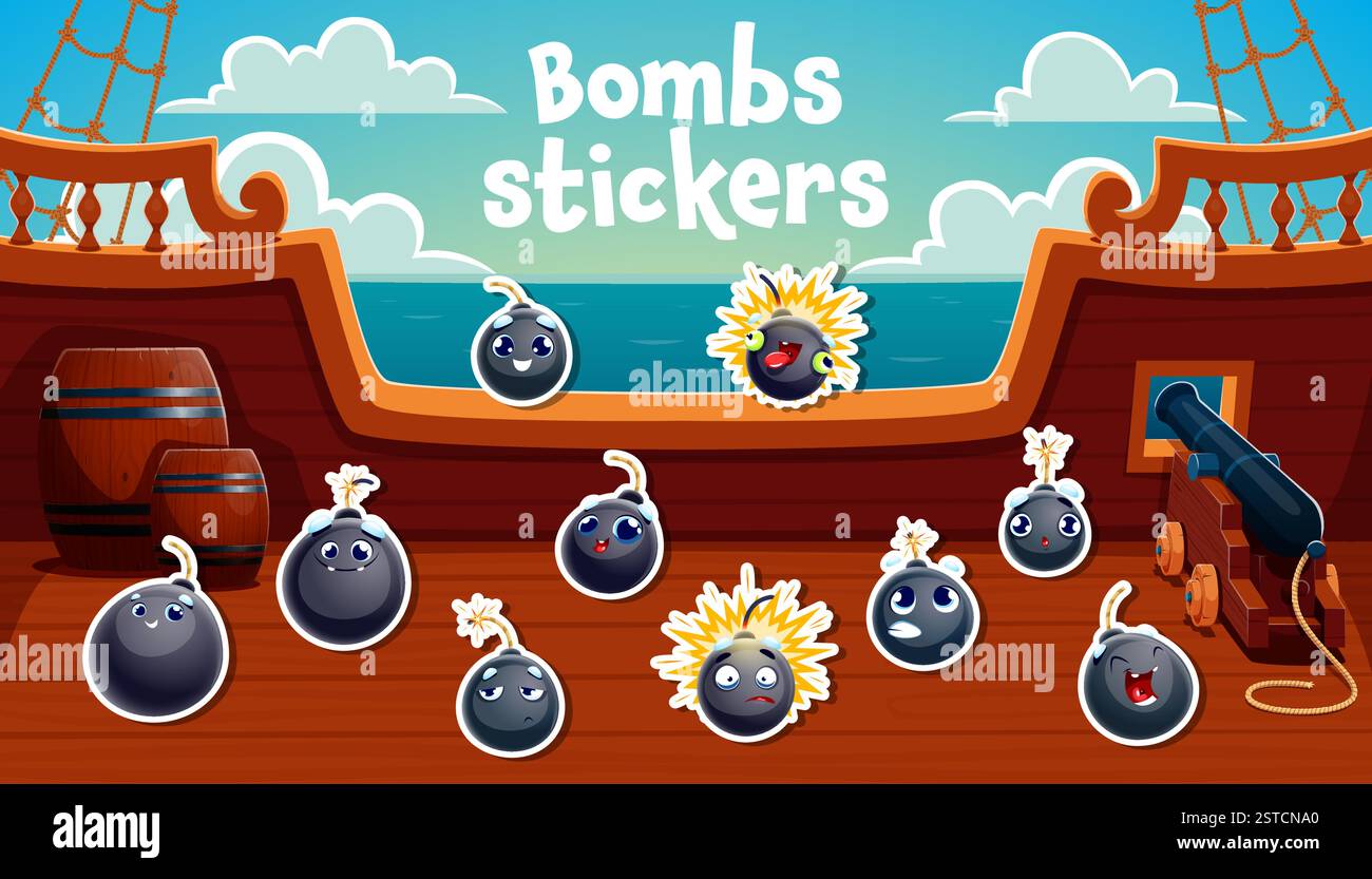 Cartoon pirate bomb characters stickers pack. Funny retro round black bombs with wicks and ...
