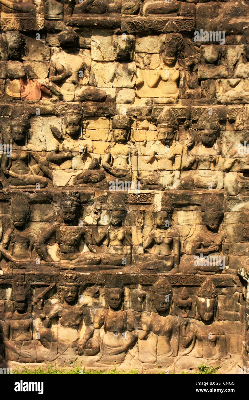 Decorative wall carving, Terrace of the Leper King, Angkor Thom ...