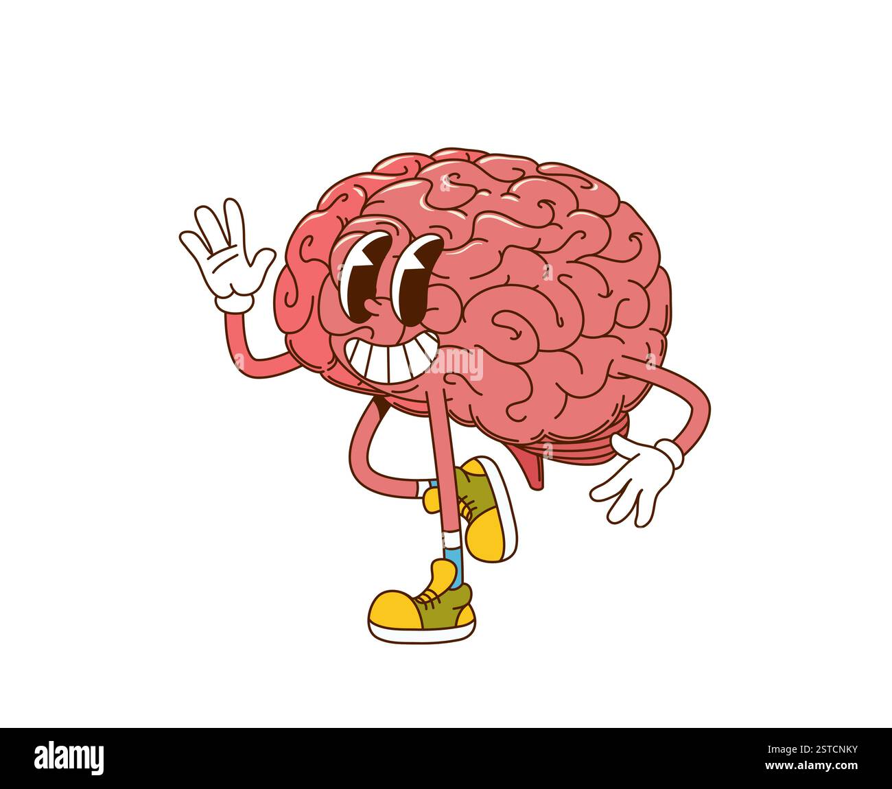Cartoon groovy human brain happy smiling character. Physiology and ...