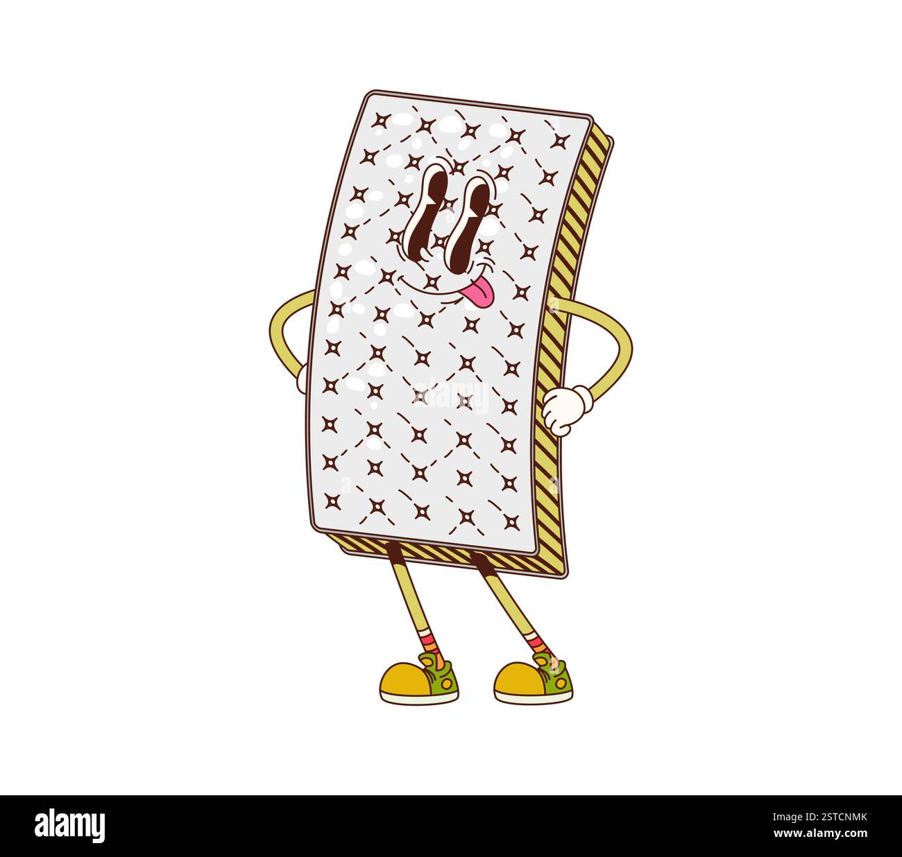 Cartoon groovy mattress furniture character with expressive eyes ...