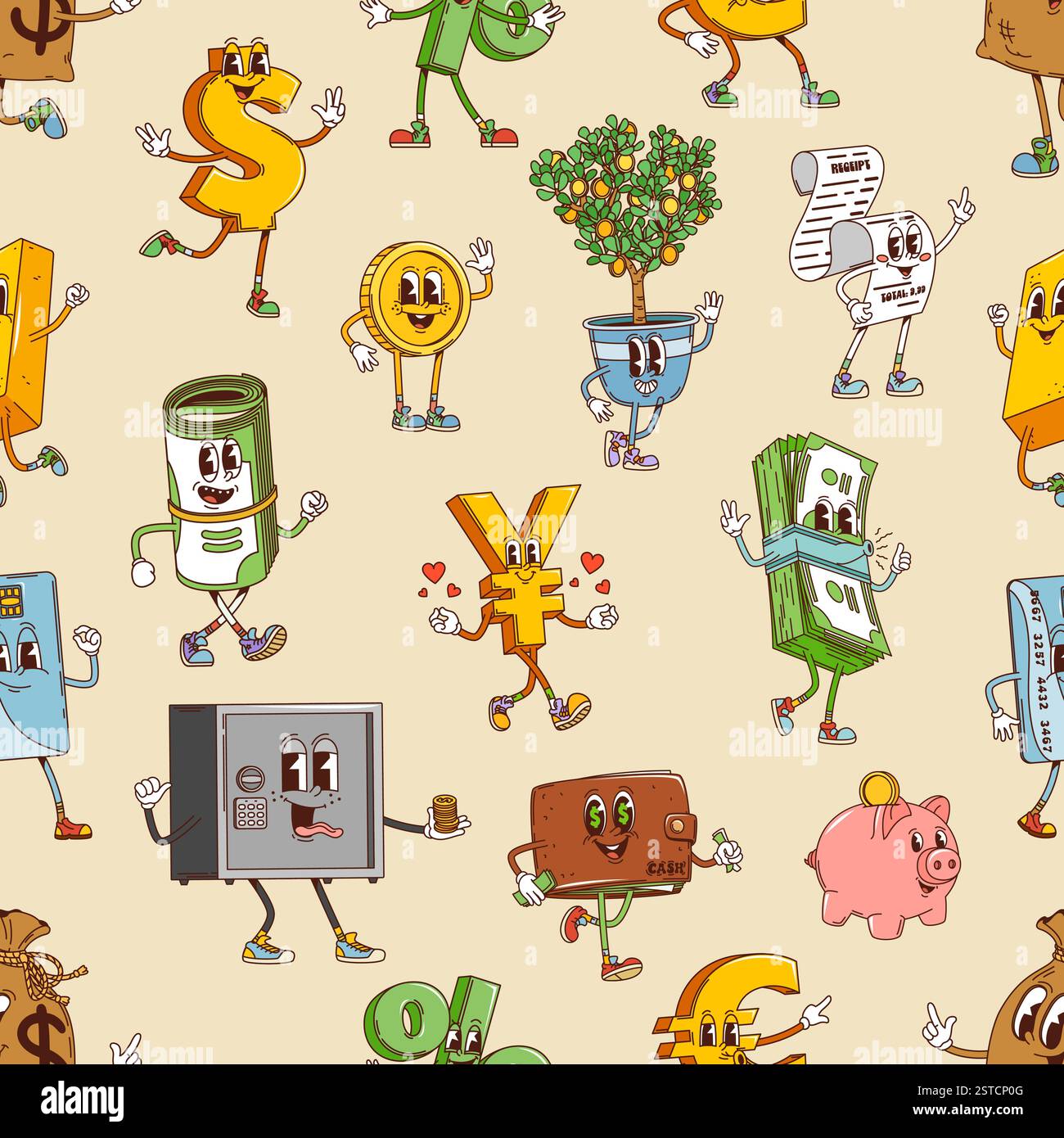 Groovy finance characters seamless pattern in retro cartoon, vector ...