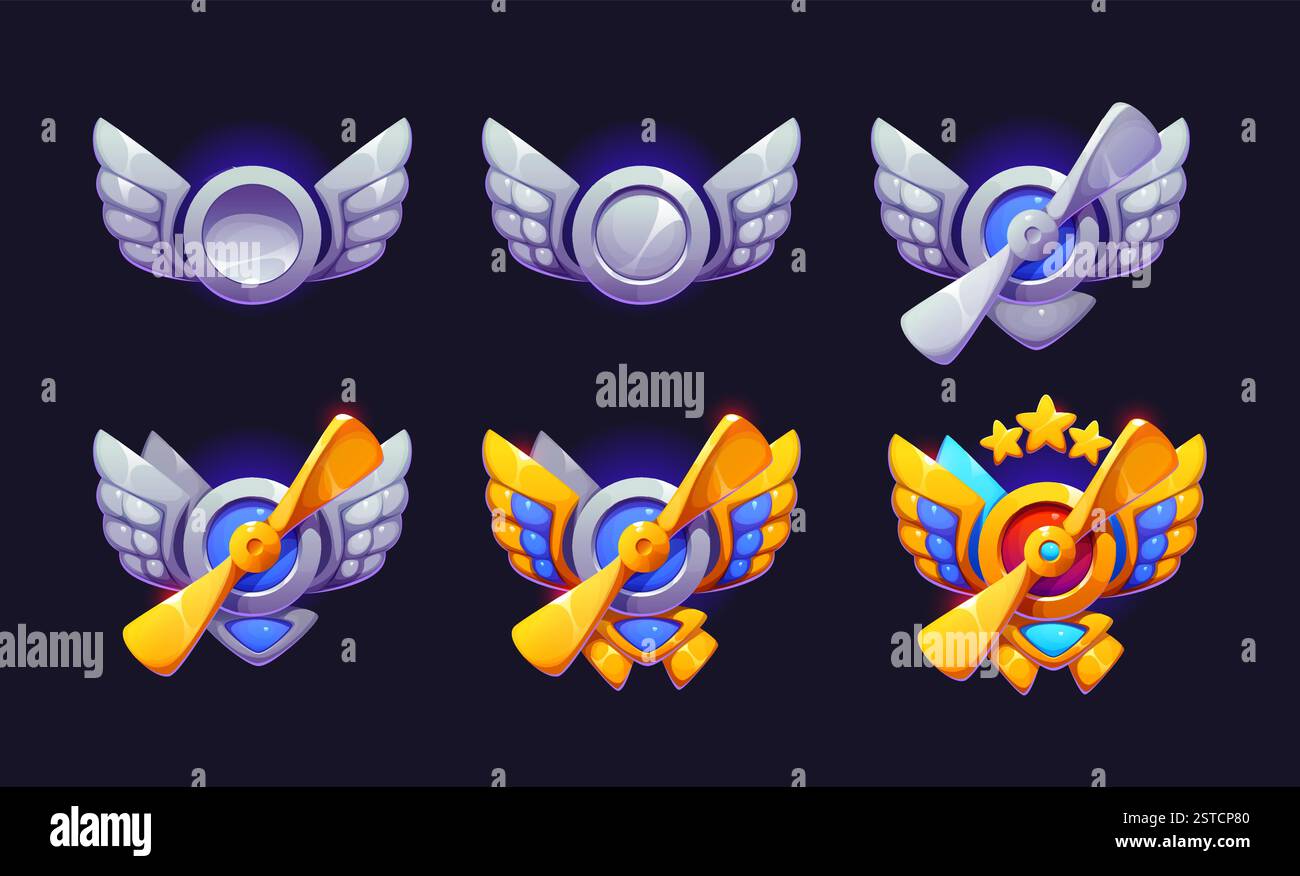 Aviation plane game rank badge, level medal with metallic wings ...