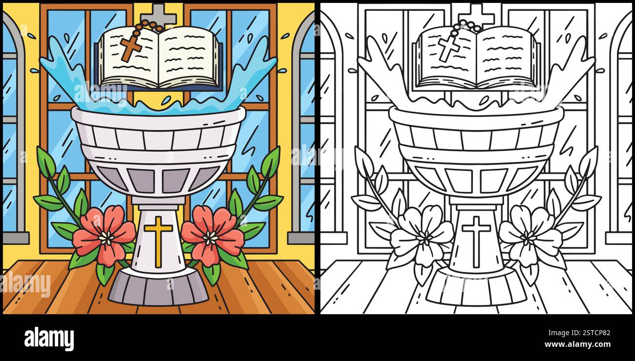 Baptism Font and Bible Coloring Page Illustration Stock Vector Image ...
