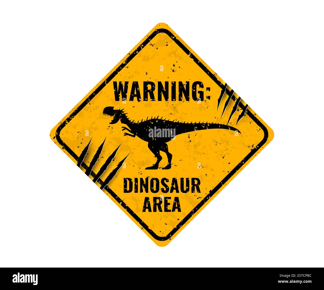 Dinosaur warning sign with claw scratch marks. Dangerous prehistoric ...