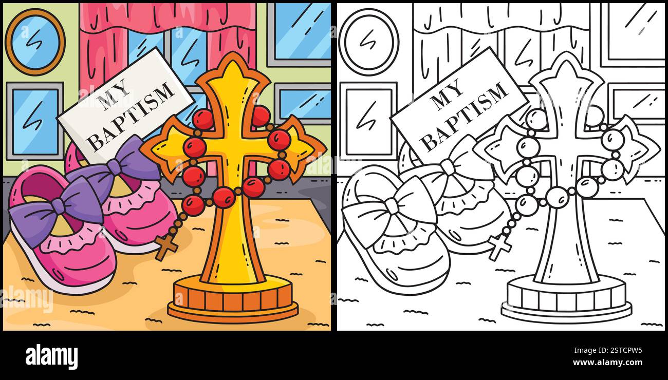 Baptism Cross, Baby Shoes and Rosary Illustration Stock Vector Image ...