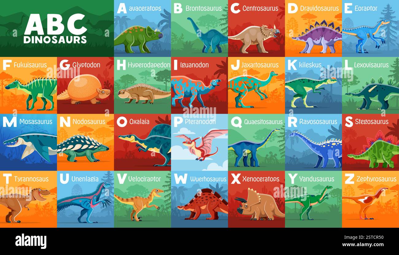 Kids prehistoric dinosaurs alphabet with cartoon dino animal characters ...