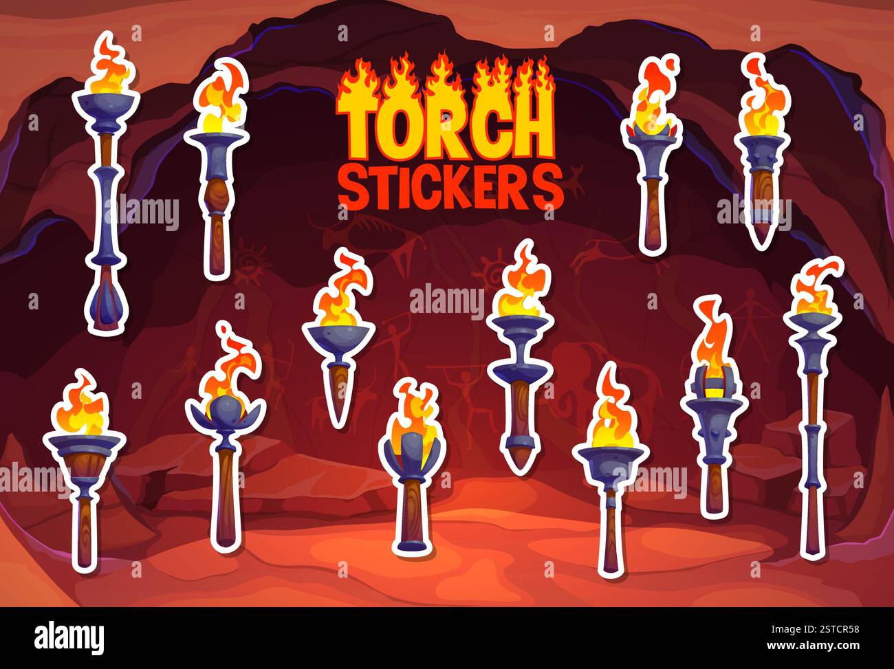Medieval fire game torches stickers pack. Cartoon vector burning brands ...
