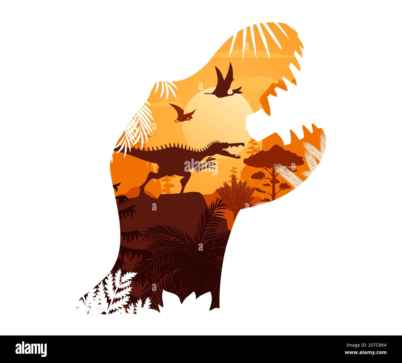 Prehistoric dinosaur head silhouette with jurassic dino animals and ...