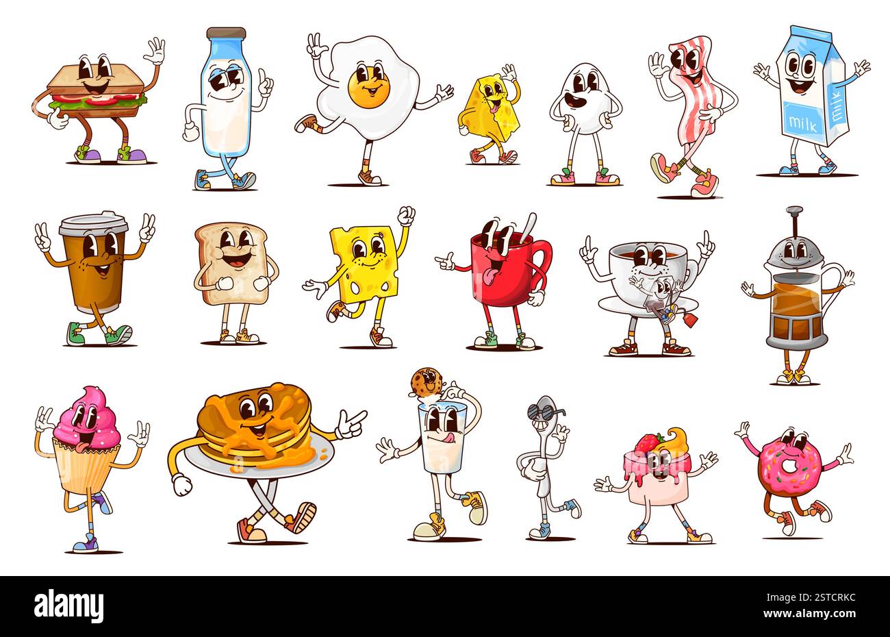 Groovy breakfast characters of vector morning drinks, food and desserts ...
