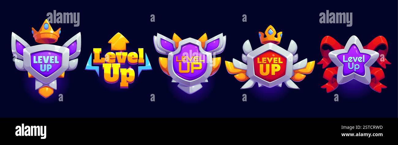 Level up game achievement rank and rate icons featuring metal shields ...