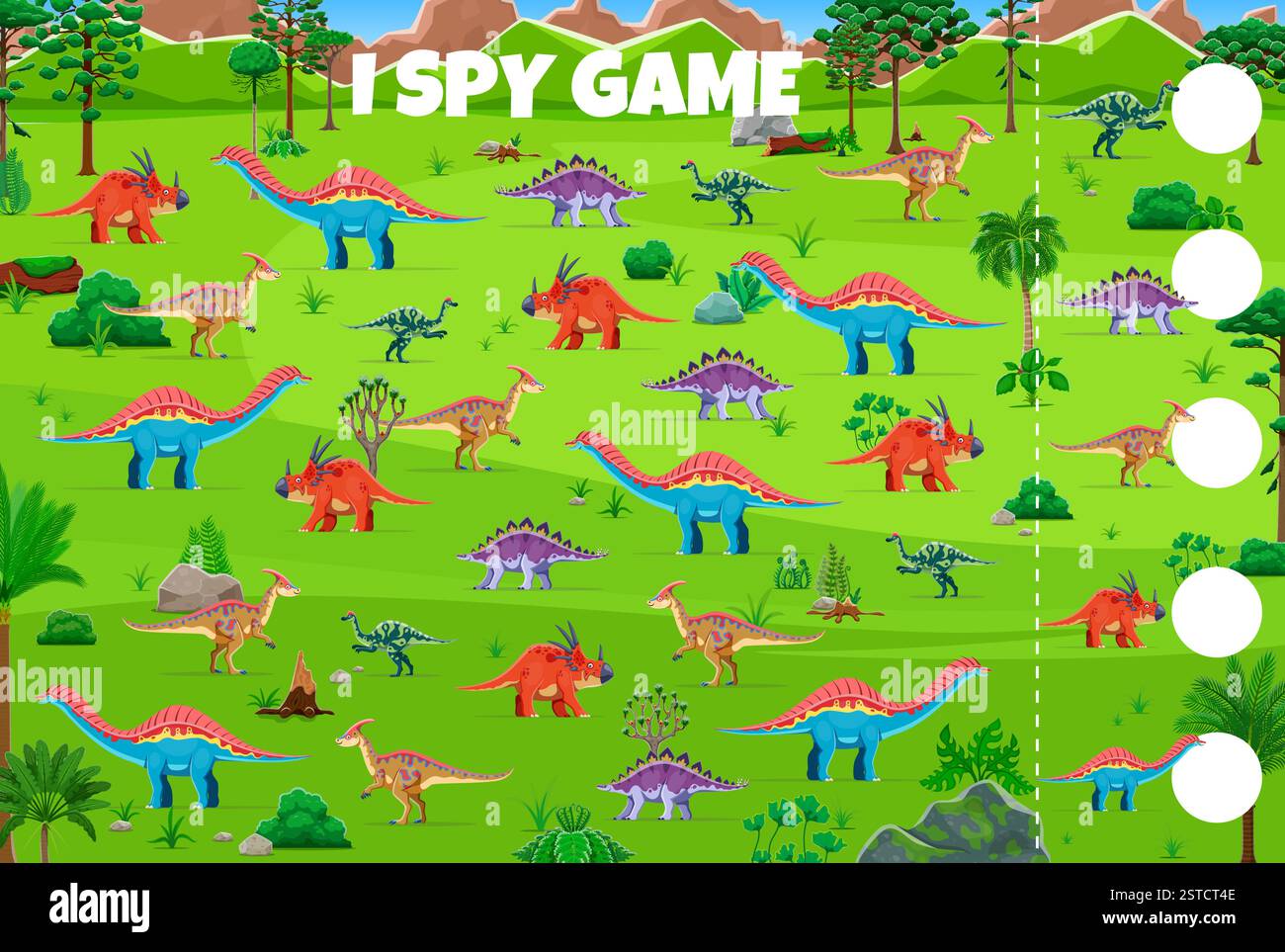 I spy game worksheet with funny prehistoric dinosaurs and dino ...