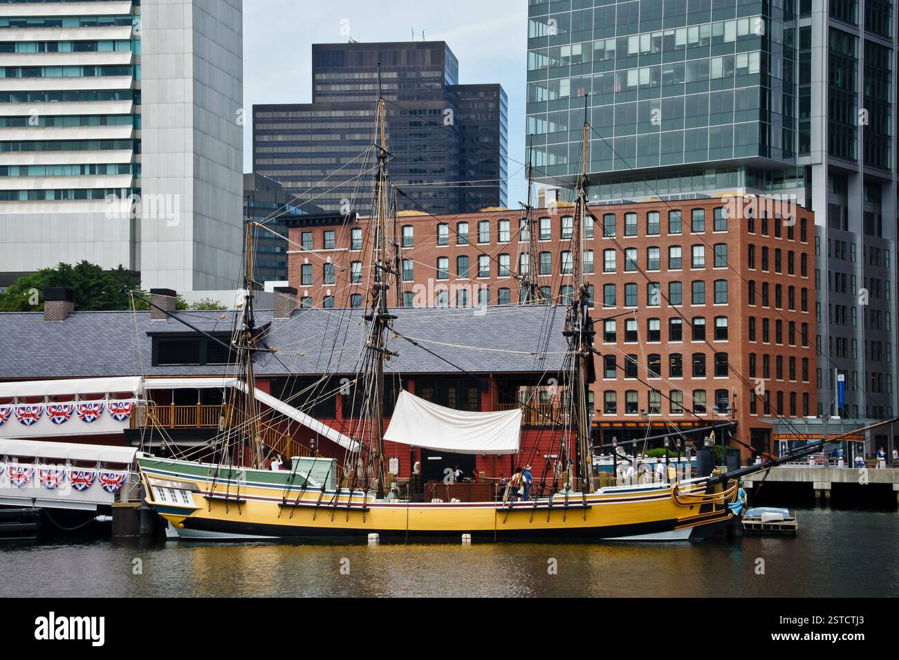 Boston Tea Party Ship replica. Three-masted sailing vessel with yellow ...