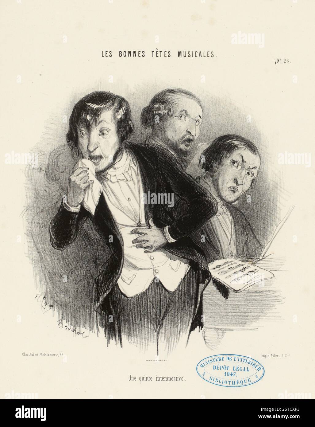 A young man coughs into a handkerchief while two men behind him display ...