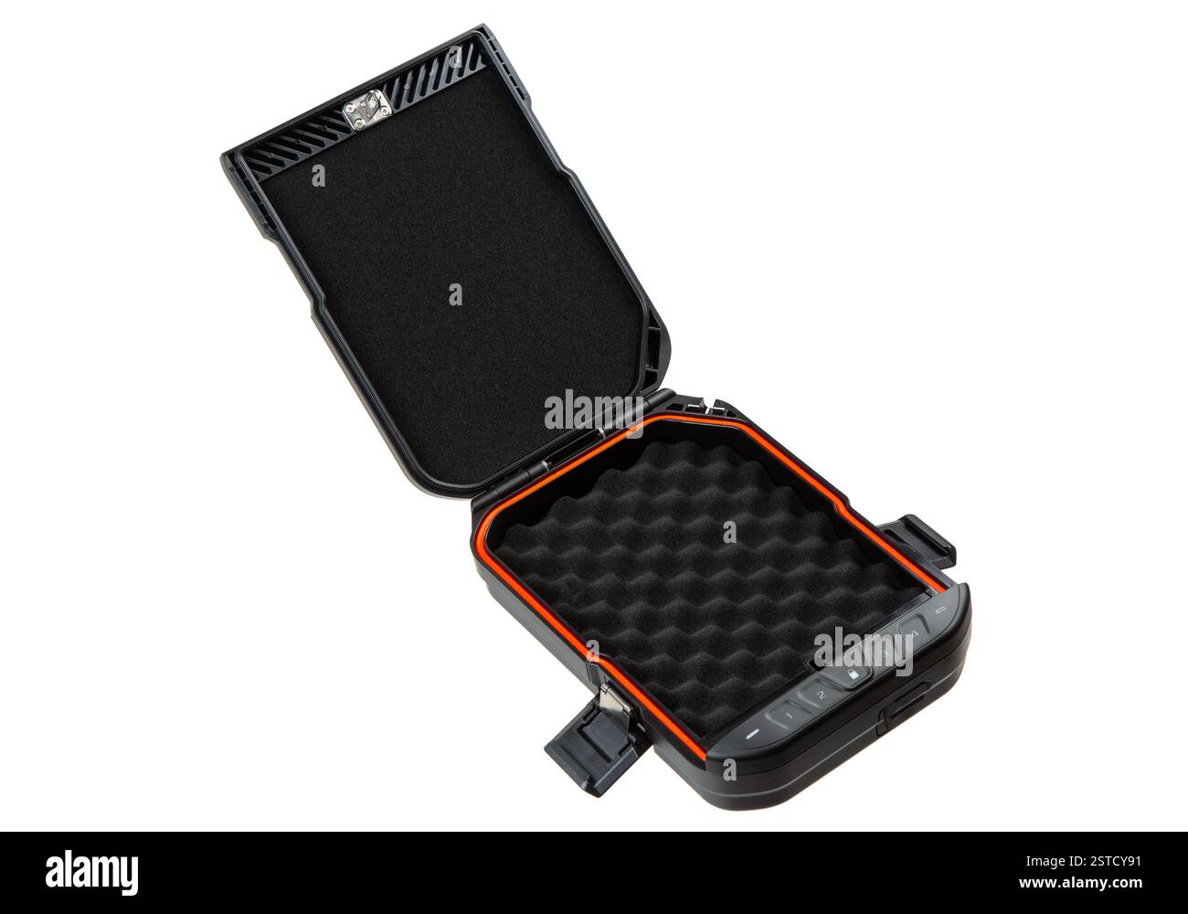 Open portable black safe with an orange lining, featuring a foam ...
