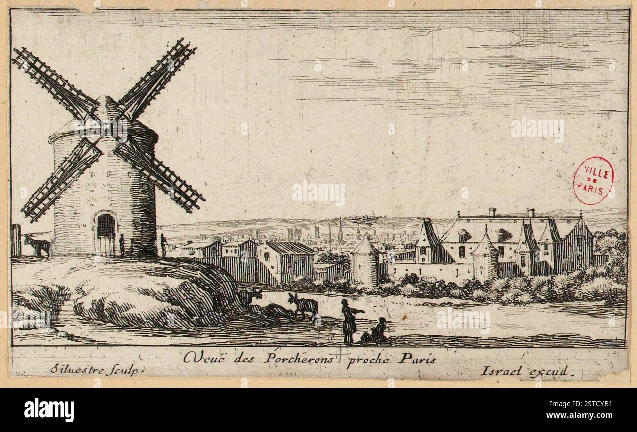 A village scene from Porcherons featuring the Coq Castle and a mill ...