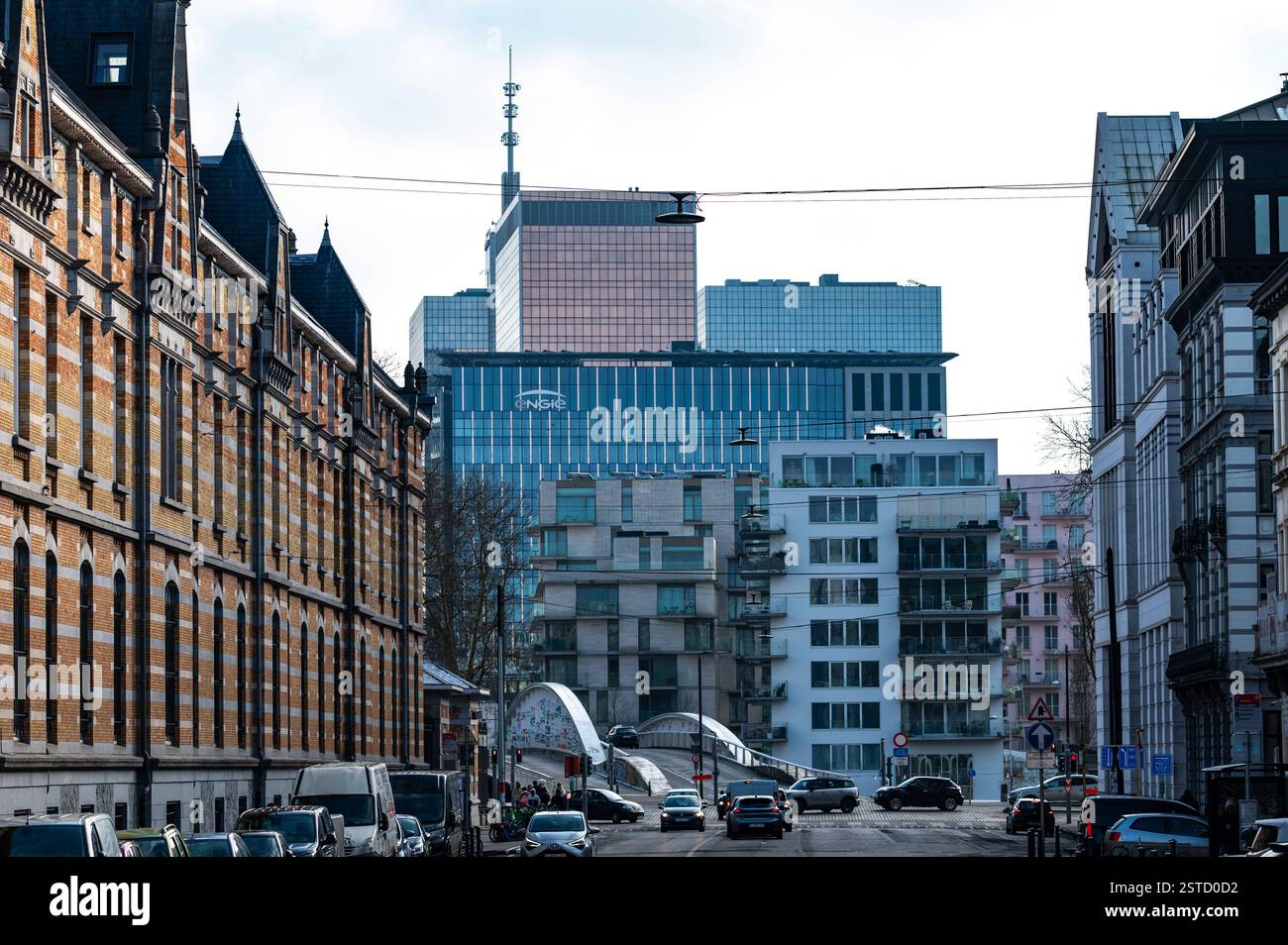 Mixed traffic with cars, busses, pedestrians and bikes at the rue ...