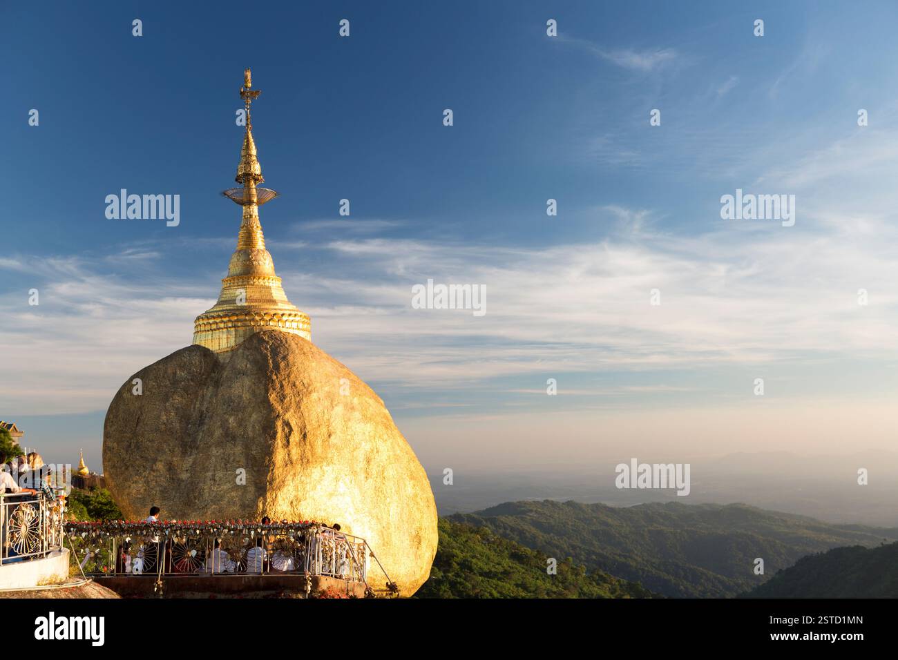 Myanmar, Kyaiktiyo Pagoda, the Golden Rock and views across the hills ...