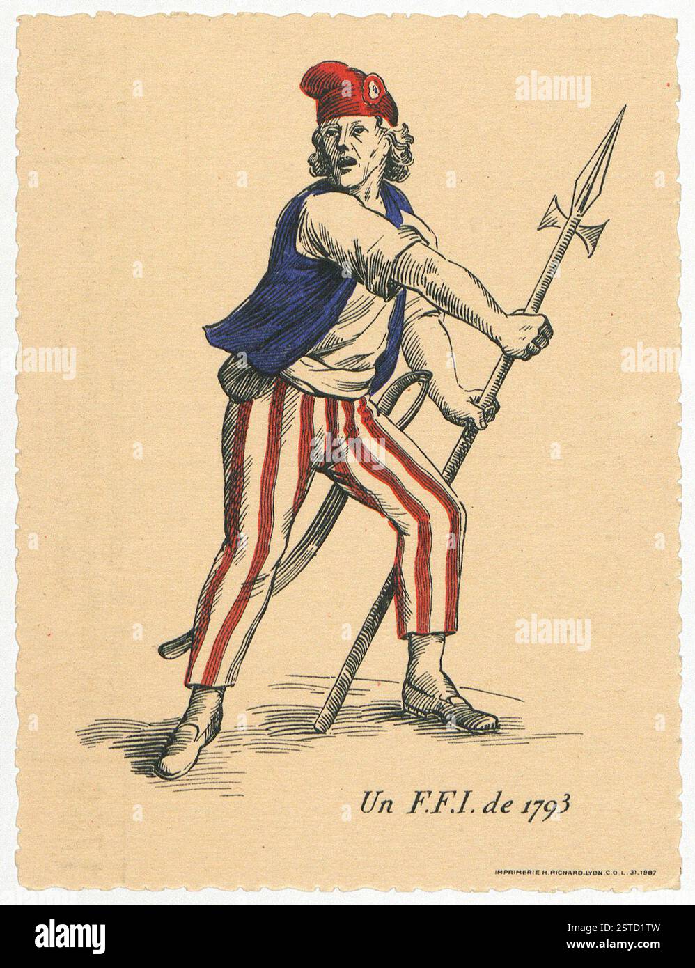 This illustration features a sans-culotte in a tricolor costume ...