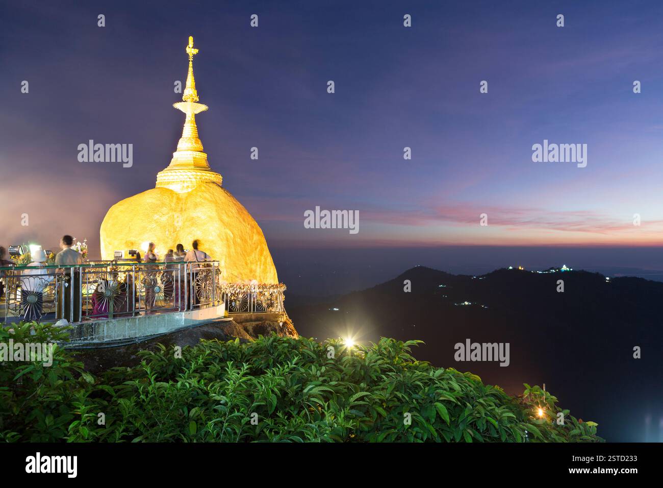 Myanmar, Kyaiktiyo Pagoda, the Golden Roc and views across the hills at ...