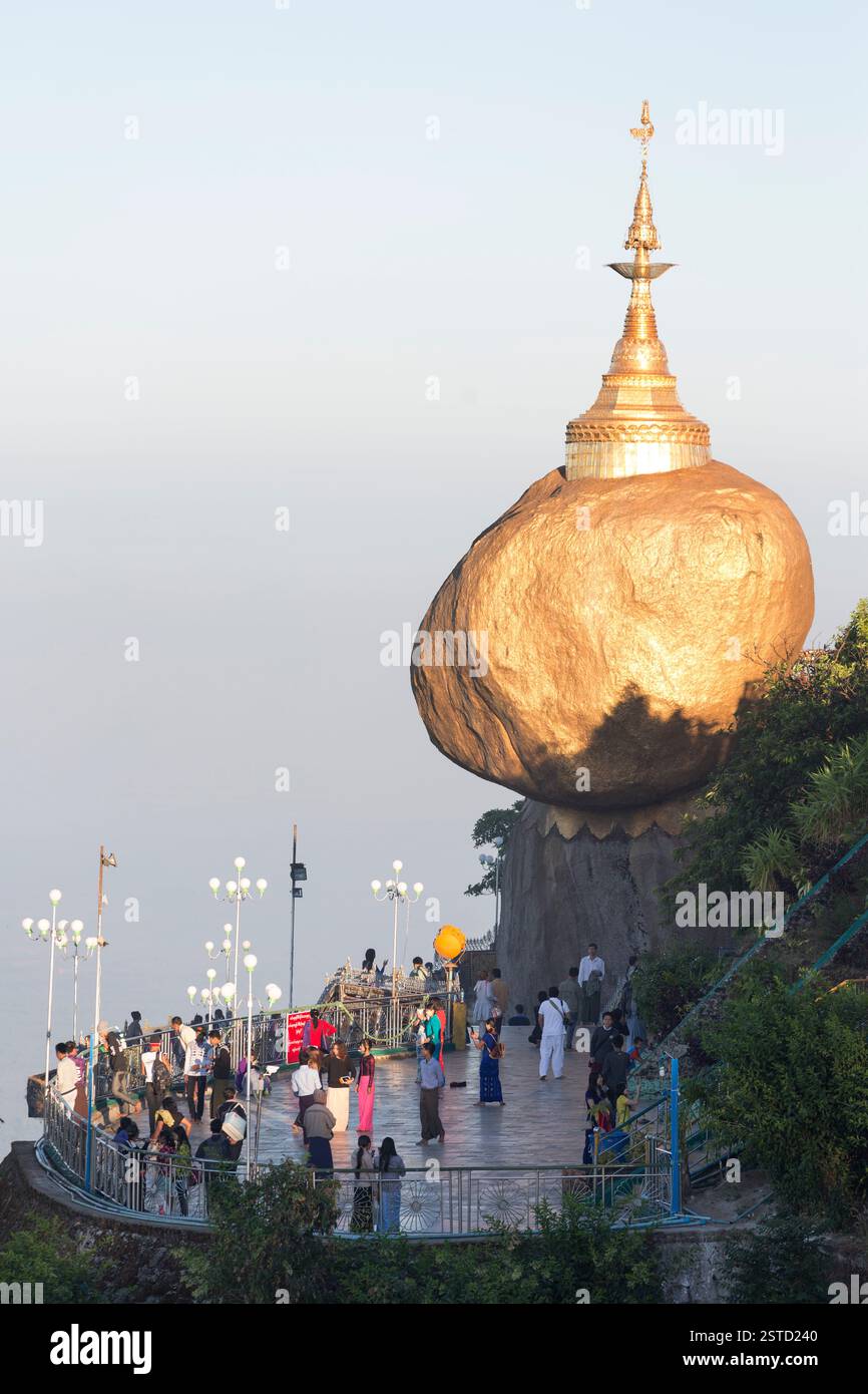 Myanmar, Kyaiktiyo Pagoda, the Golden Rock and lower viewing terrace at ...