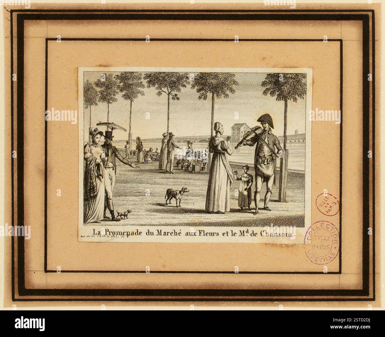 A lively 19th-century scene depicting a promenade with a flower market ...