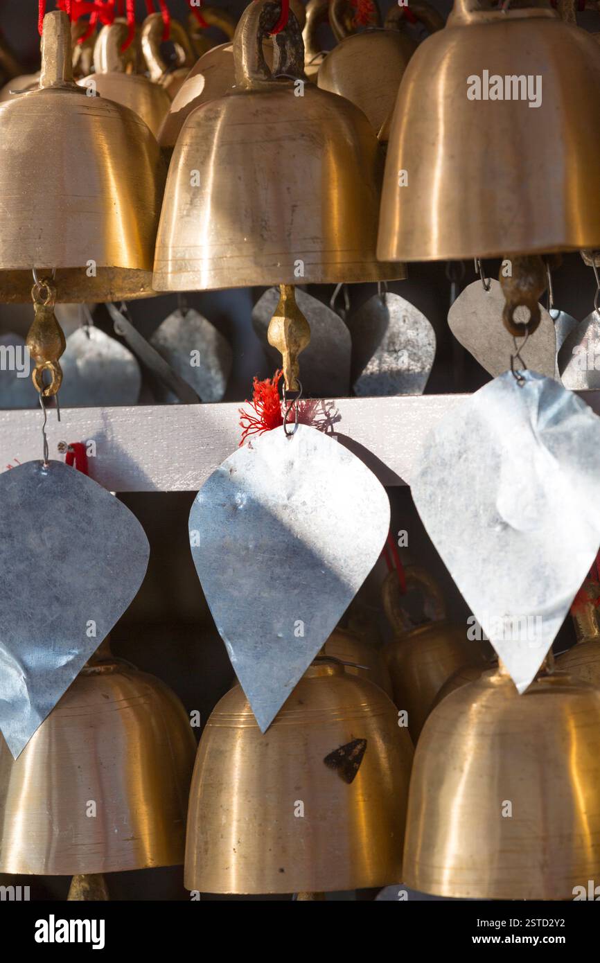 Myanmar, Kyaiktiyo Pagoda, prayer bells at the Golden Rock shrine. The ...