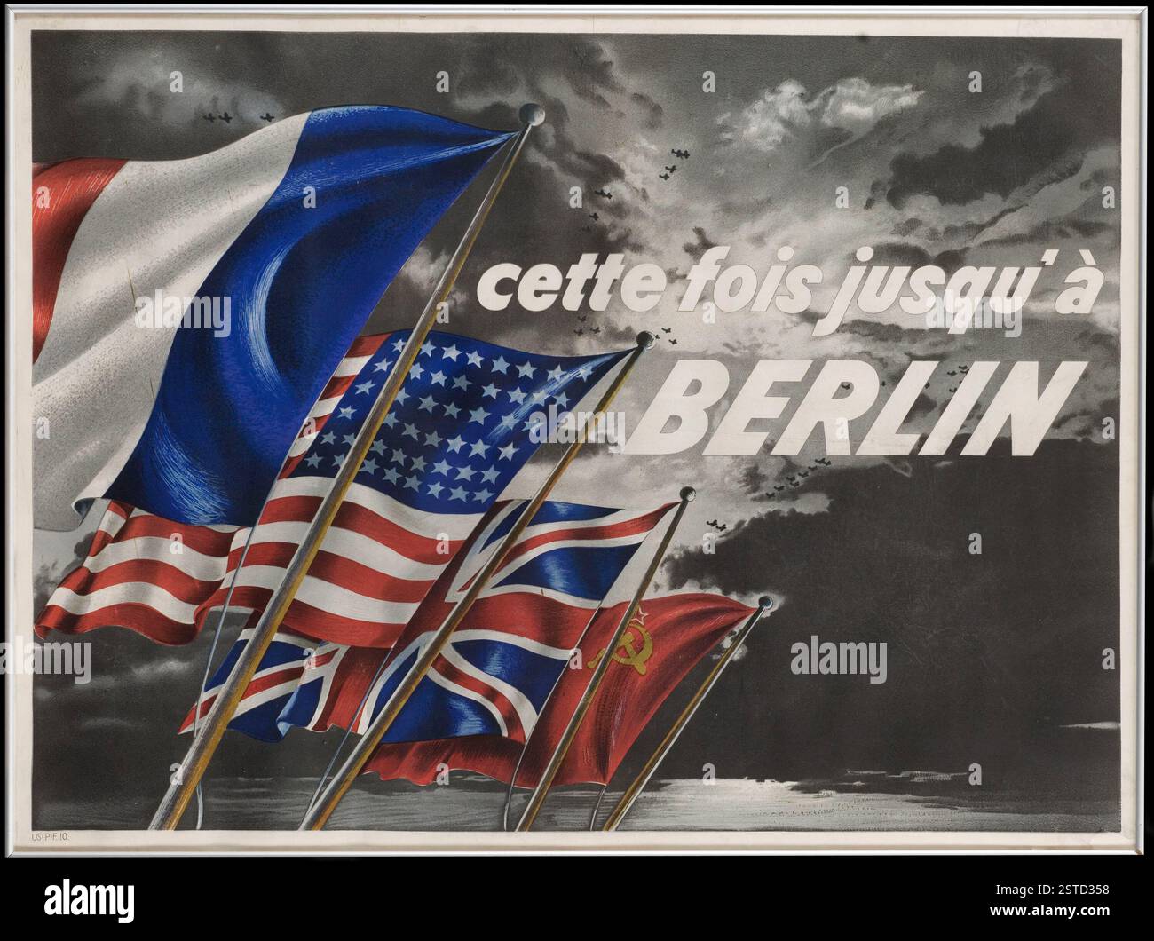 This dramatic image features the flags of France, the United States ...