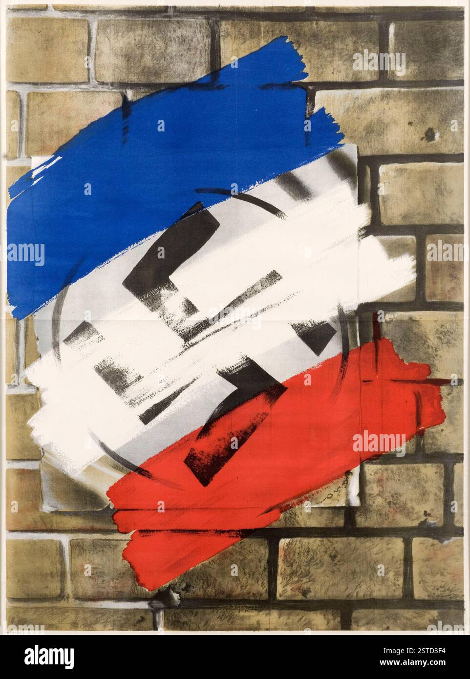 This image shows a black swastika enclosed in a circle on a white wall ...