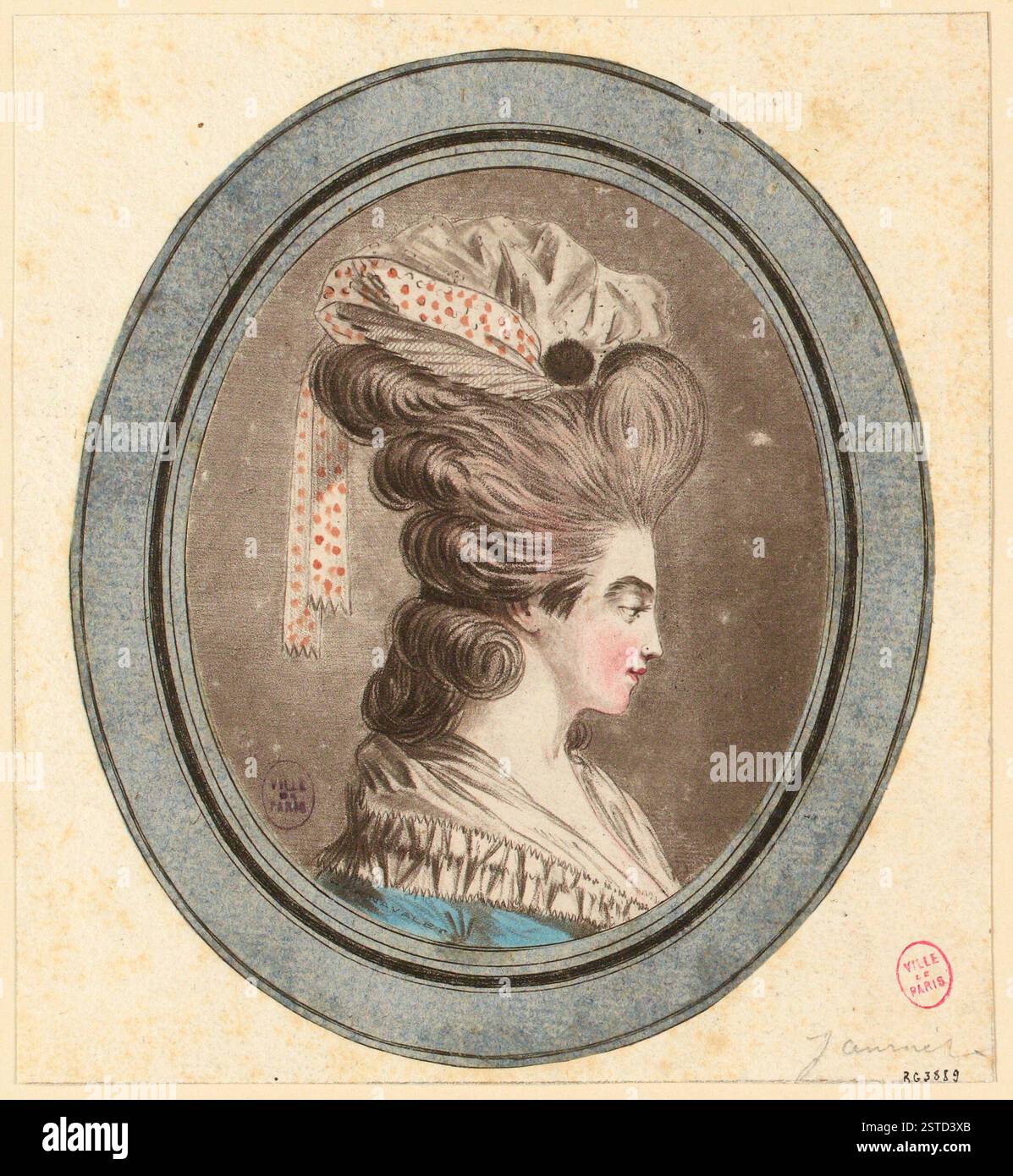 A profile bust of a young woman dressed in blue, with a Louis XVI ...