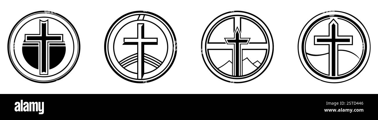 Christian cross icon. Abstract round christian cross logo. Set of black ...