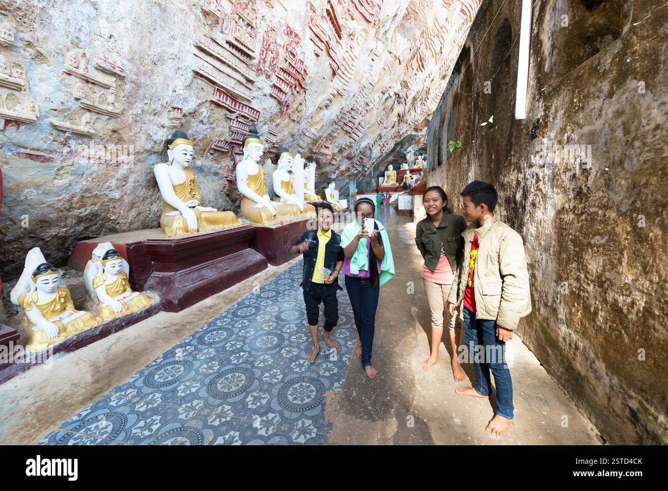 Myanmar, Kaw Goon Cave (Kawgun Cave), limestone cave temple with ...