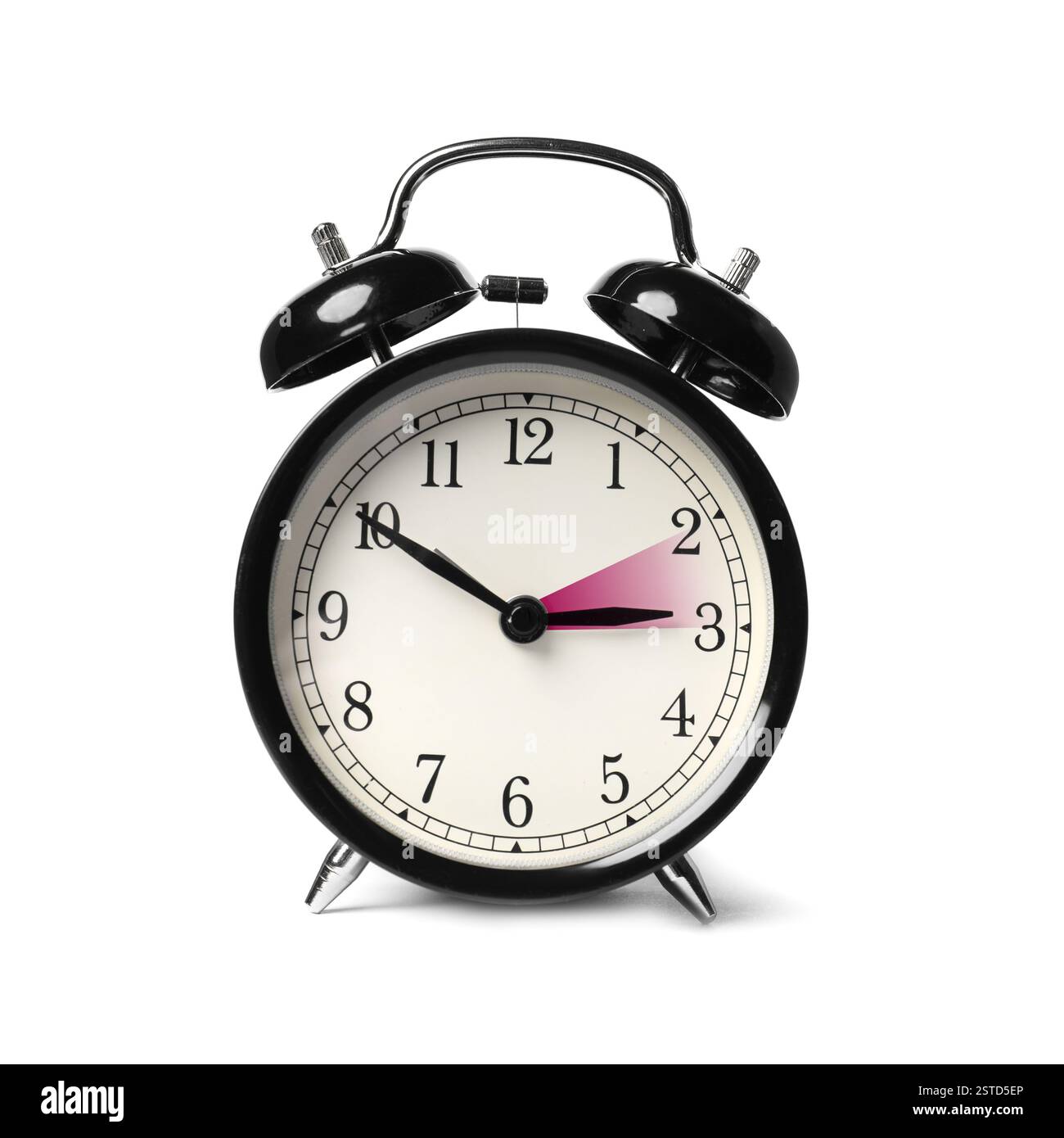 Daylight saving time. Black alarm clock on white background ...