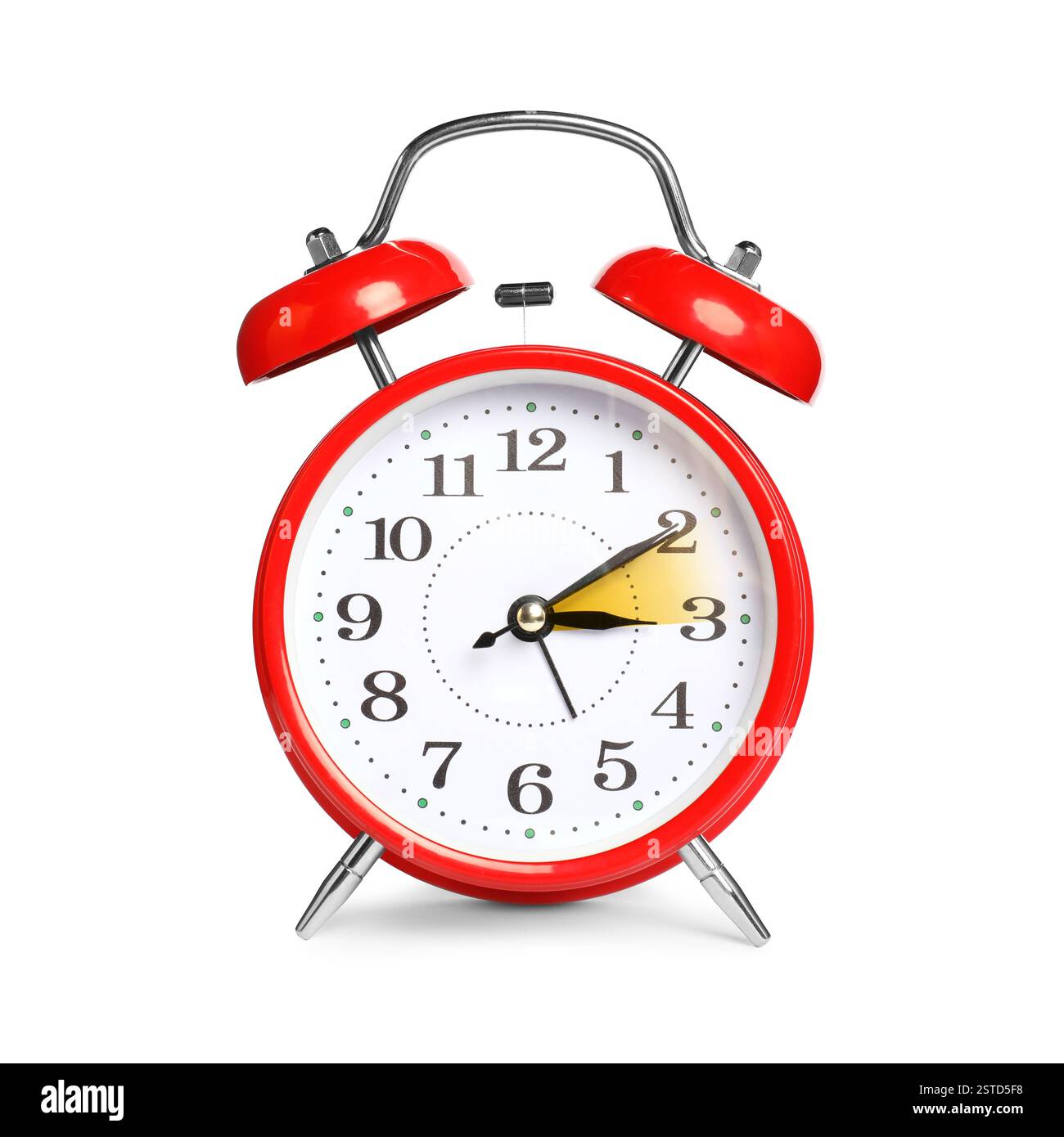 Daylight saving time. Red alarm clock on white background. Highlighted ...