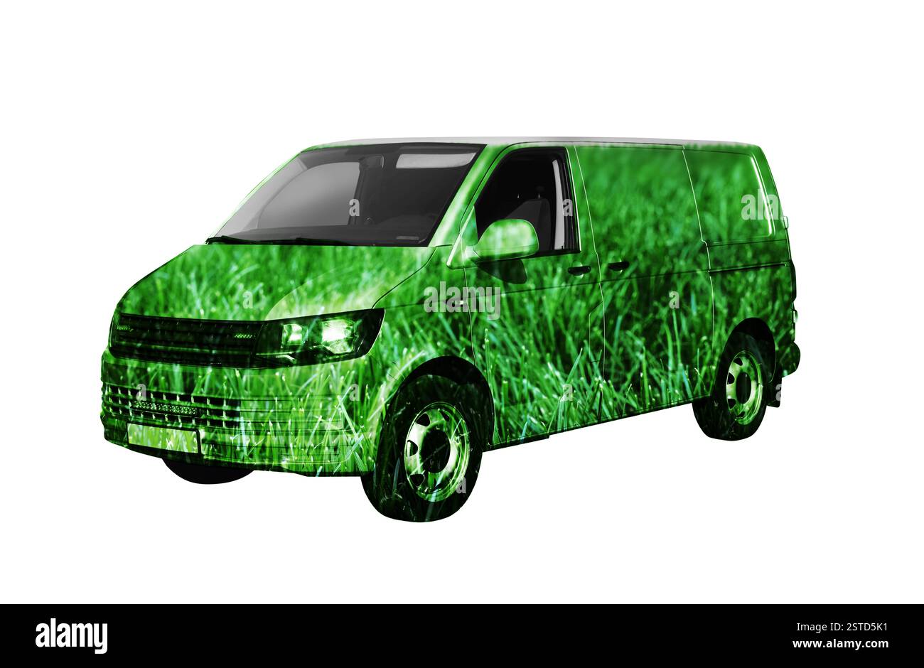 Eco-friendly transportation. Minibus with green floral pattern on white ...